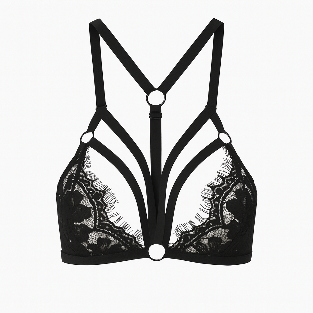 Aurelia Black Lace Harness Bralette – Strappy Eyelash Lace – StylinArts