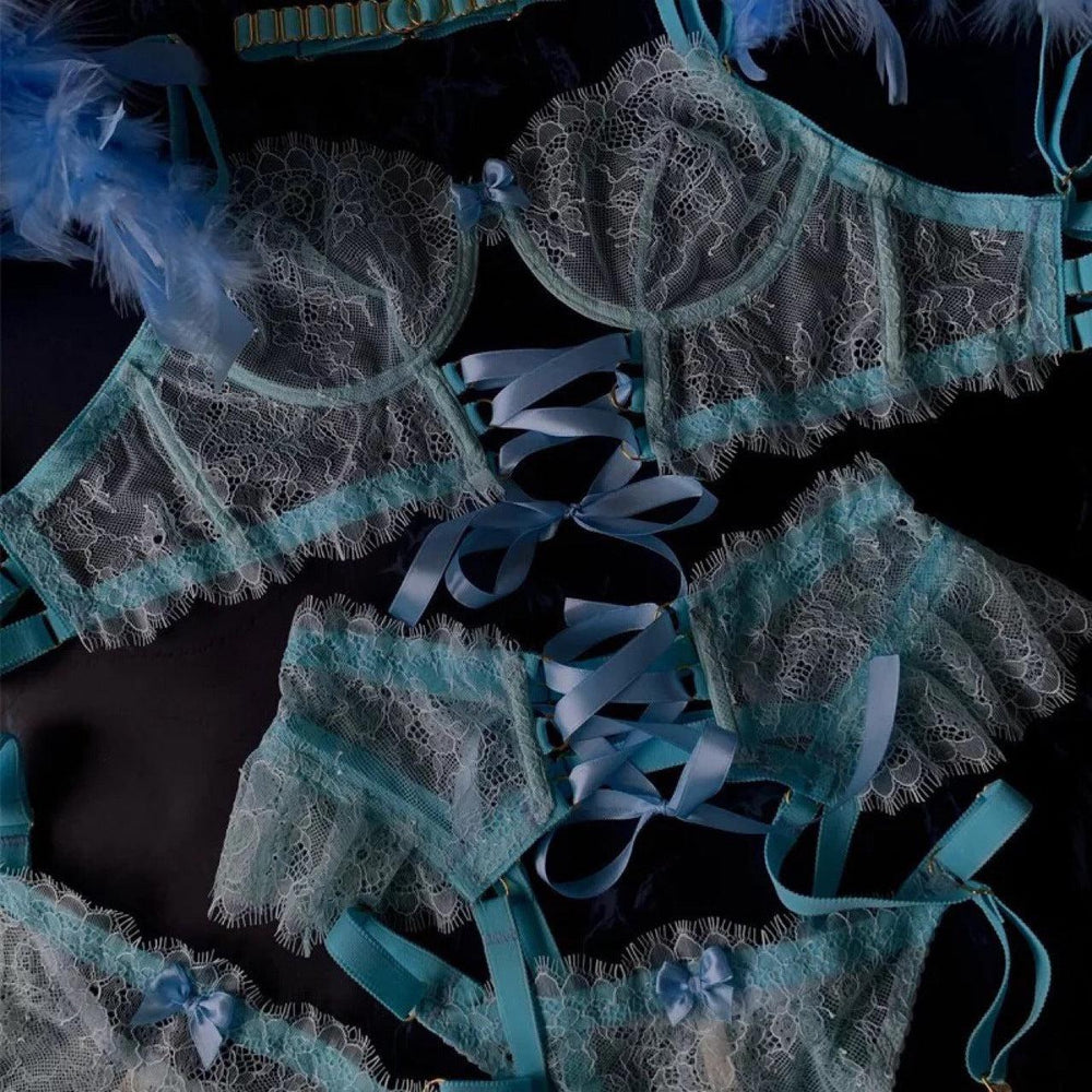 Aureline Feather Lace Garter Set – Ribbon Corset & Statement Shoulders ...